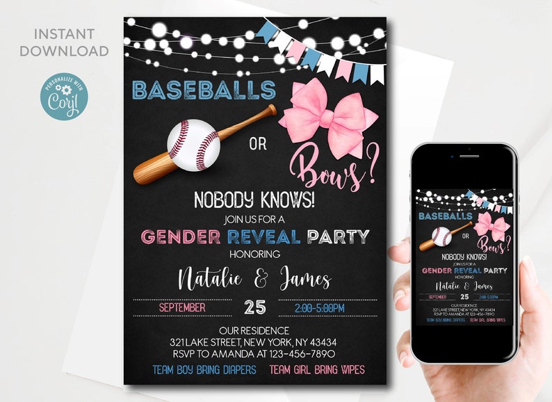 Baseballs or Bows Gender Reveal Invitation Digital Template - Etsy