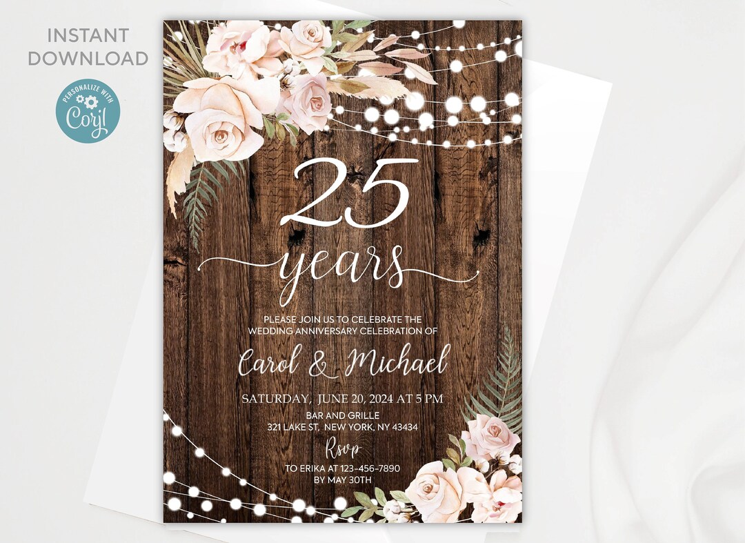 Rustic 25th Anniversary Invitation Template (digital Download) - Etsy
