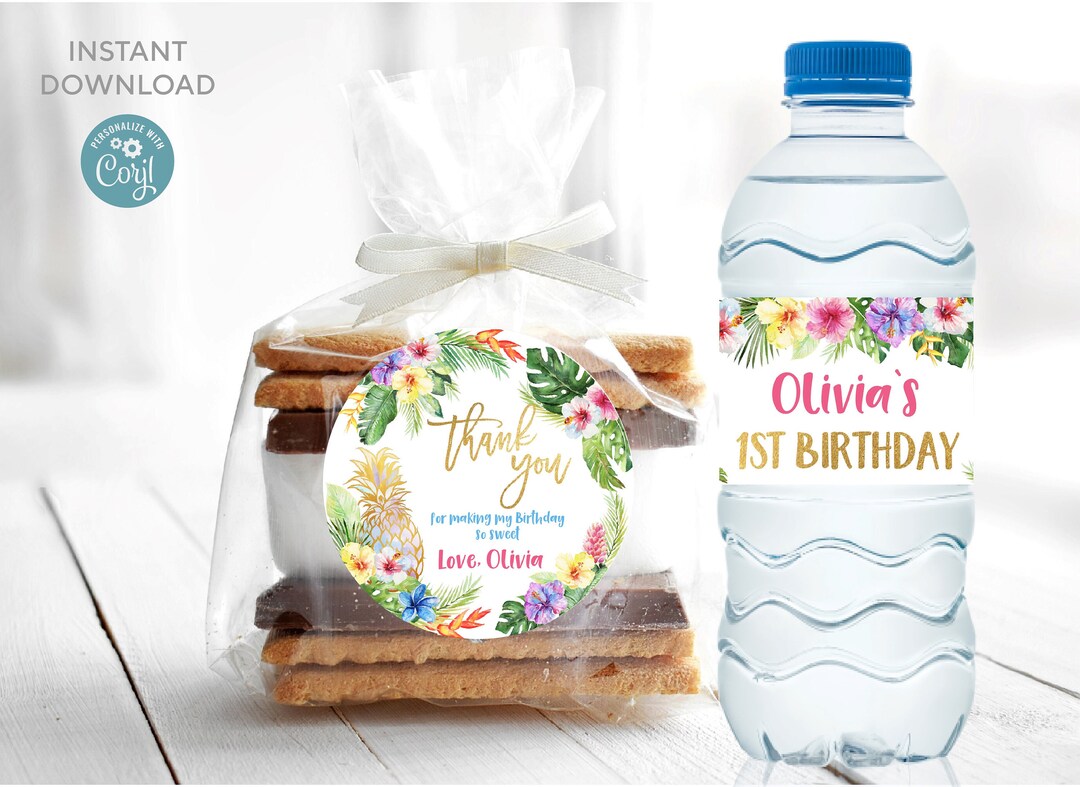 Aloha Water Bottle Labels & Thank You Tags: Editable Tropical Design ...