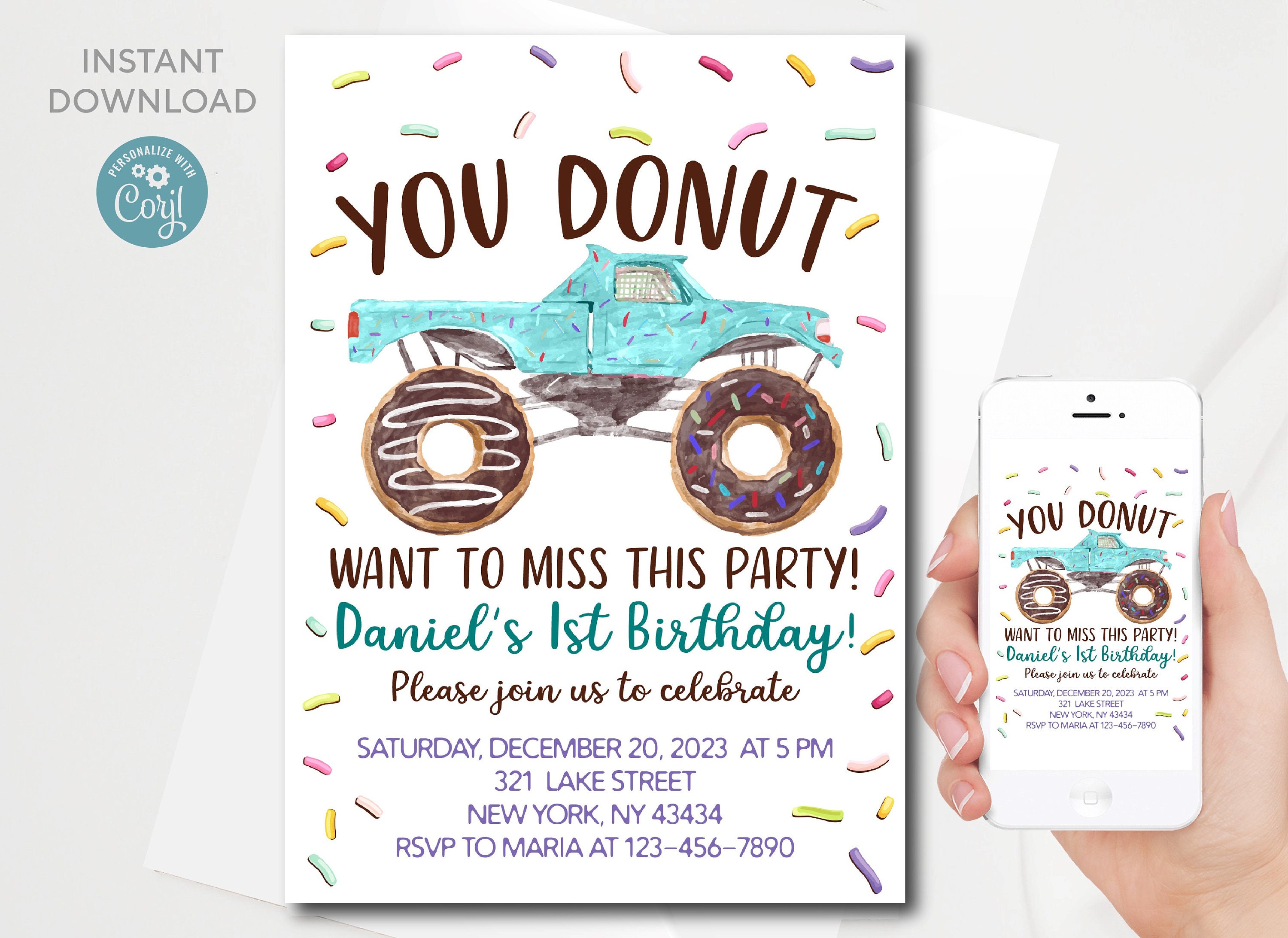 Editable Donut 1st Birthday Invitation Template Donut Truck - Etsy