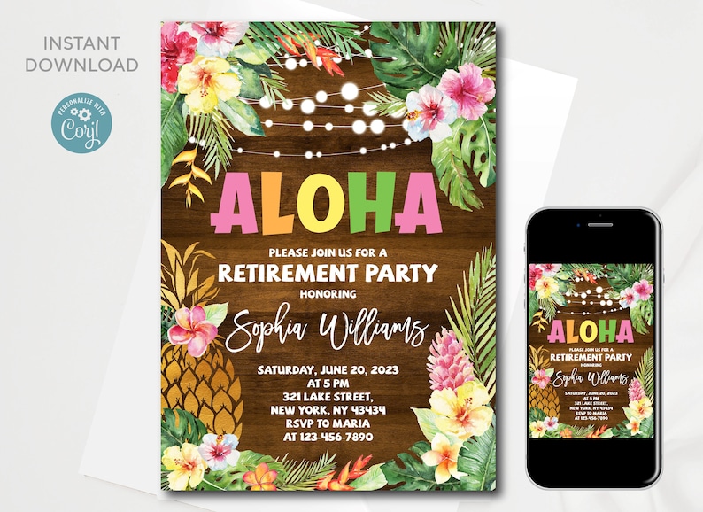 Aloha Retirement Party Invitation Template: Editable Tropical Design ...