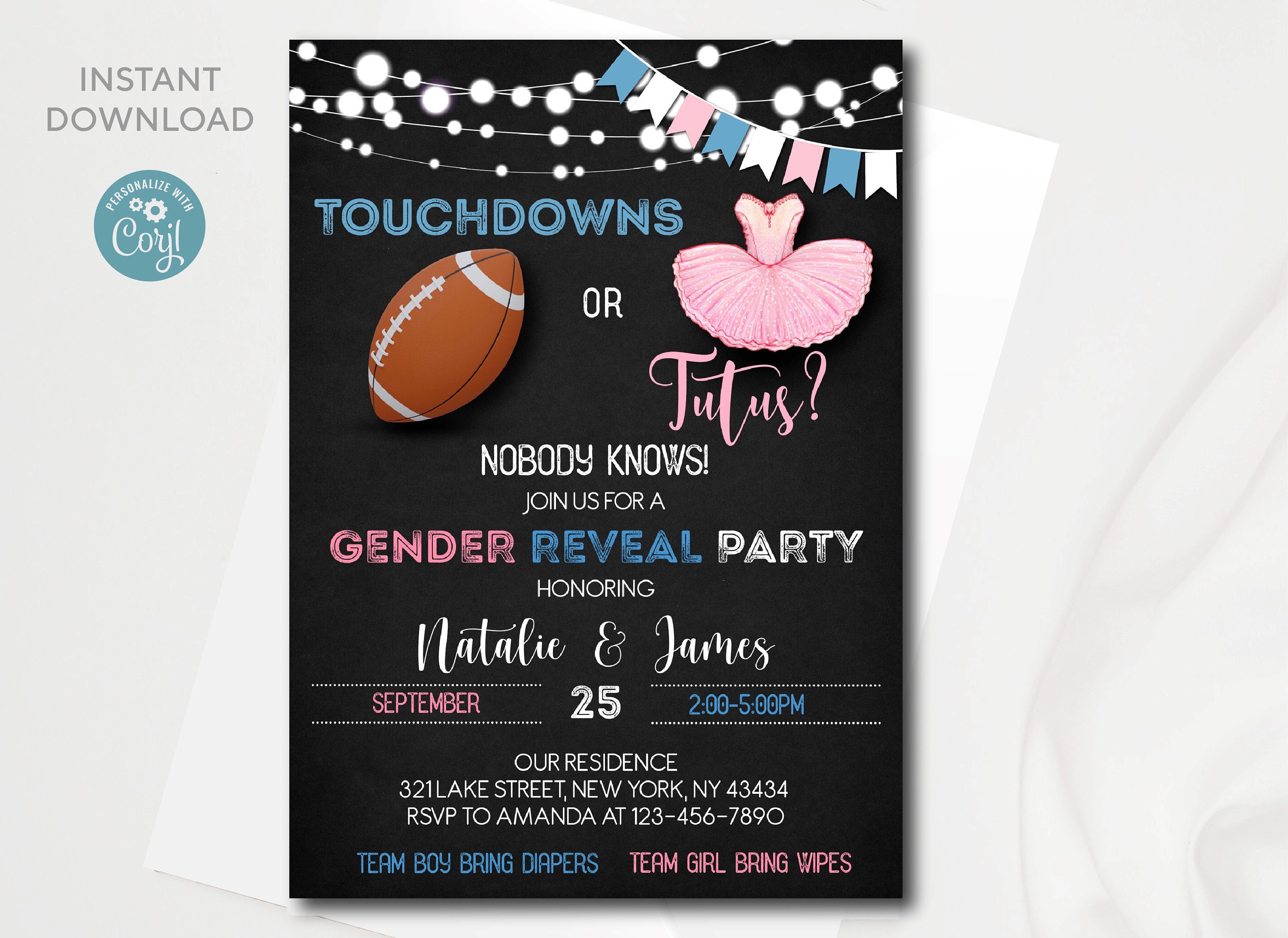 Touchdowns or Tutus Gender Reveal Invitation Digital Template - Etsy