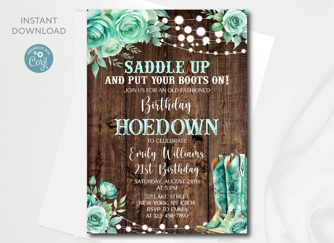 Editable Western Hoedown Birthday Party Invitation | Cowgirl Teal Green ...
