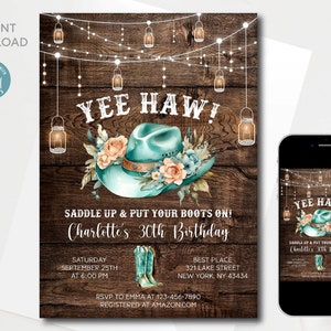 Western Cowgirl Birthday Invitation | Editable Rustic 30th Birthday ...