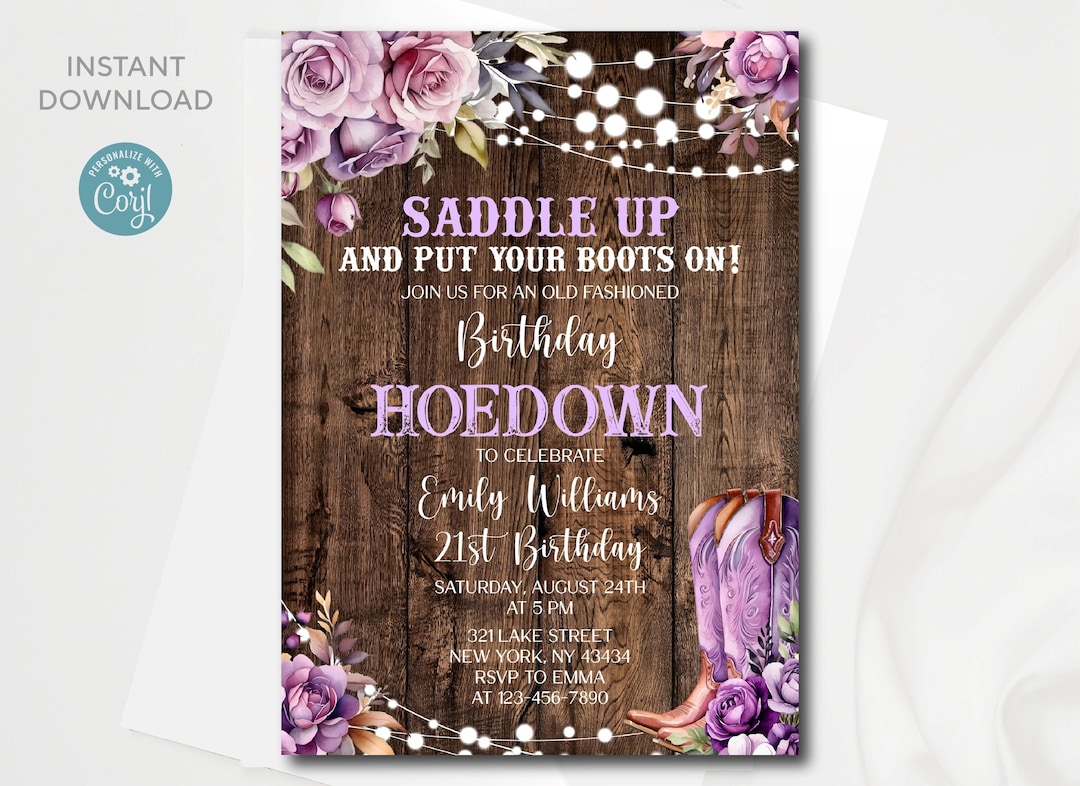 Editable Western Hoedown Birthday Party Invitation | Cowgirl Purple ...
