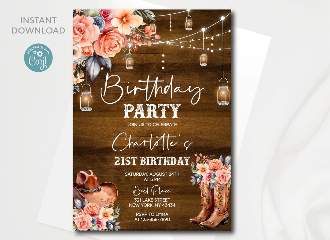 Southwestern Rustic Cowgirl 21st Birthday Invitation | Editable Digital ...