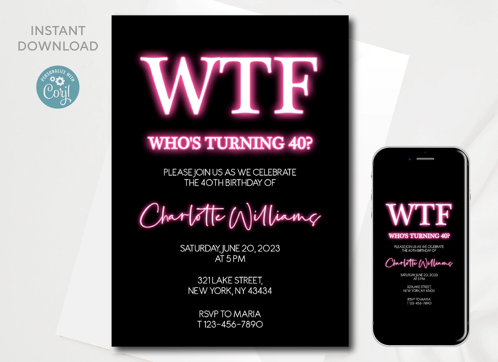 Editable 40th Birthday Invitation Template Printable Neon - Etsy
