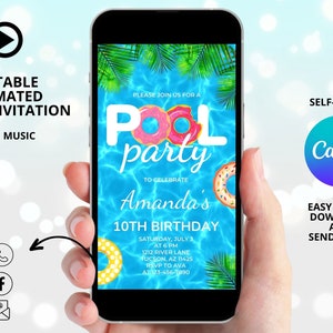 Animated Pool Party Birthday Invitation for Girl Video Tropical Pool ...