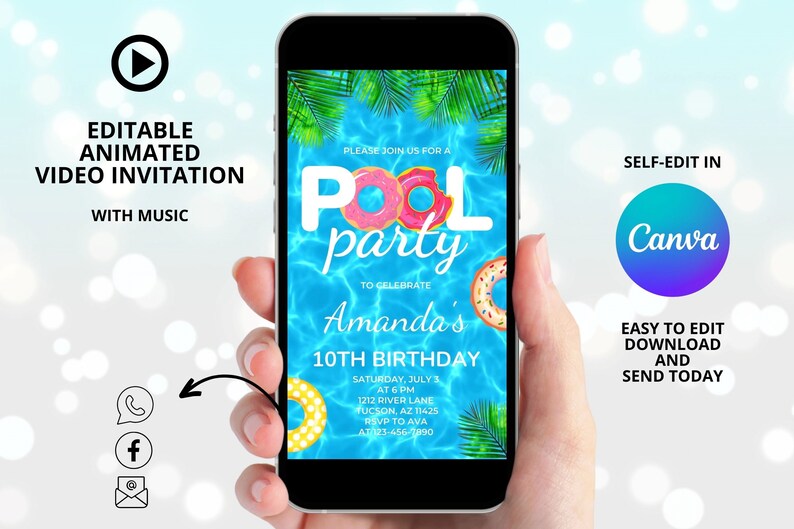 Animated Pool Party Birthday Invitation Video Tropical Pool - Etsy