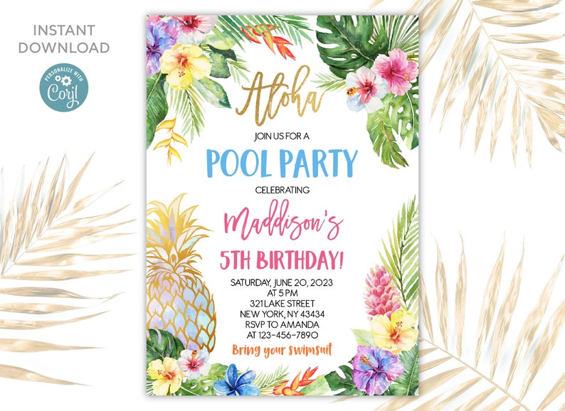 Editable Aloha Pool Party Invitation Template Birthday - Etsy