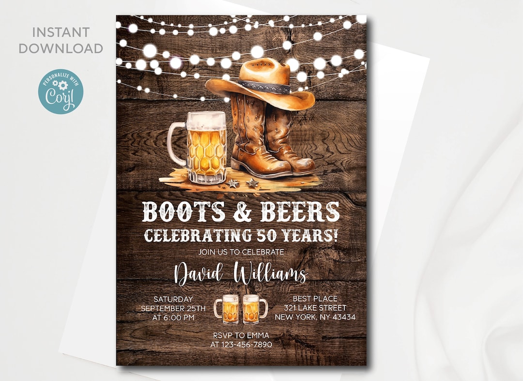 Editable Boots and Beers Man 50th Birthday Invitation Template | Adult ...
