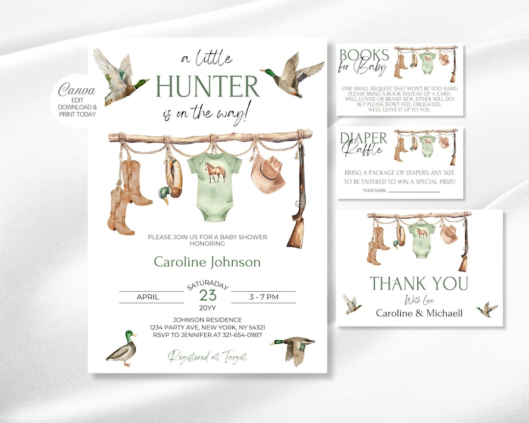 Editable Little Hunter Baby Shower Invitation Set: Duck Hunter Theme ...