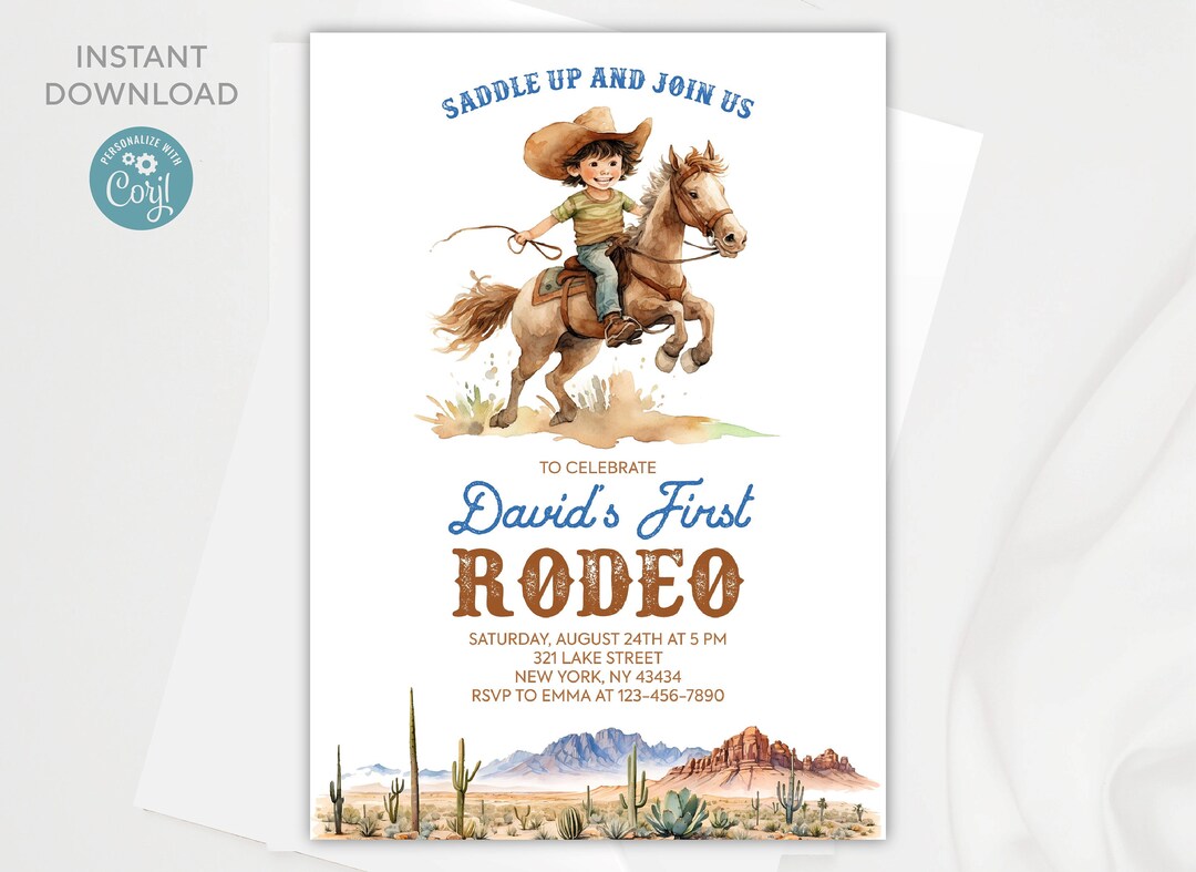 Editable First Rodeo Invitation Template | Cowboy Boy Western Birthday ...