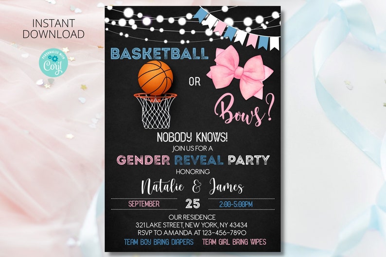Basketball or Bows Gender Reveal Invitation Digital Template - Etsy