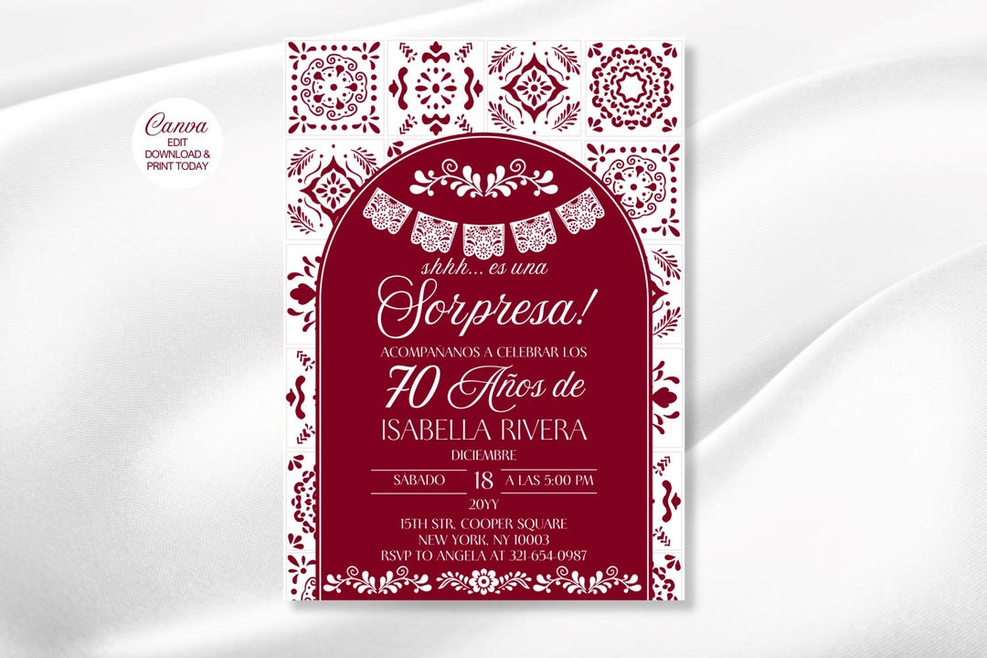 Editable 70th Surprise Birthday Invitation: Burgundy, Spanish, Sorpresa ...