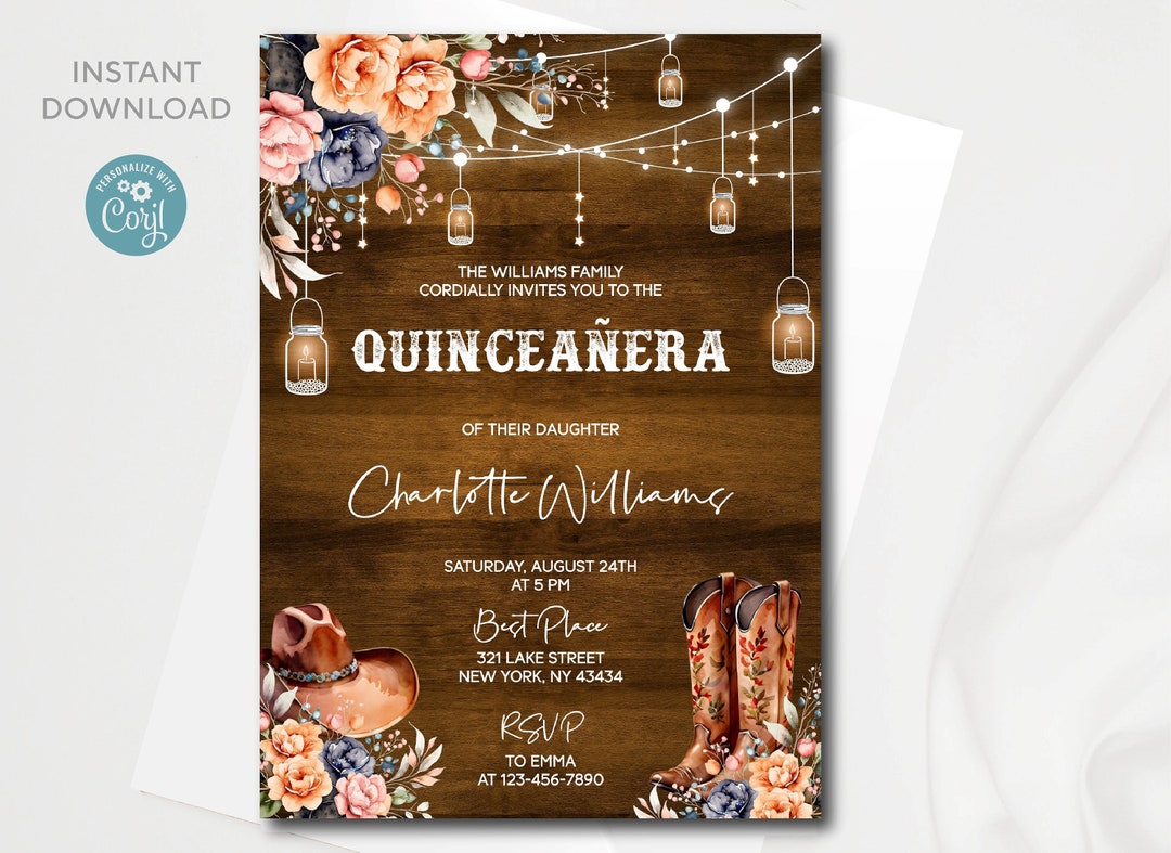 Western Rustic Quinceanera Birthday Invitation | Editable Digital ...
