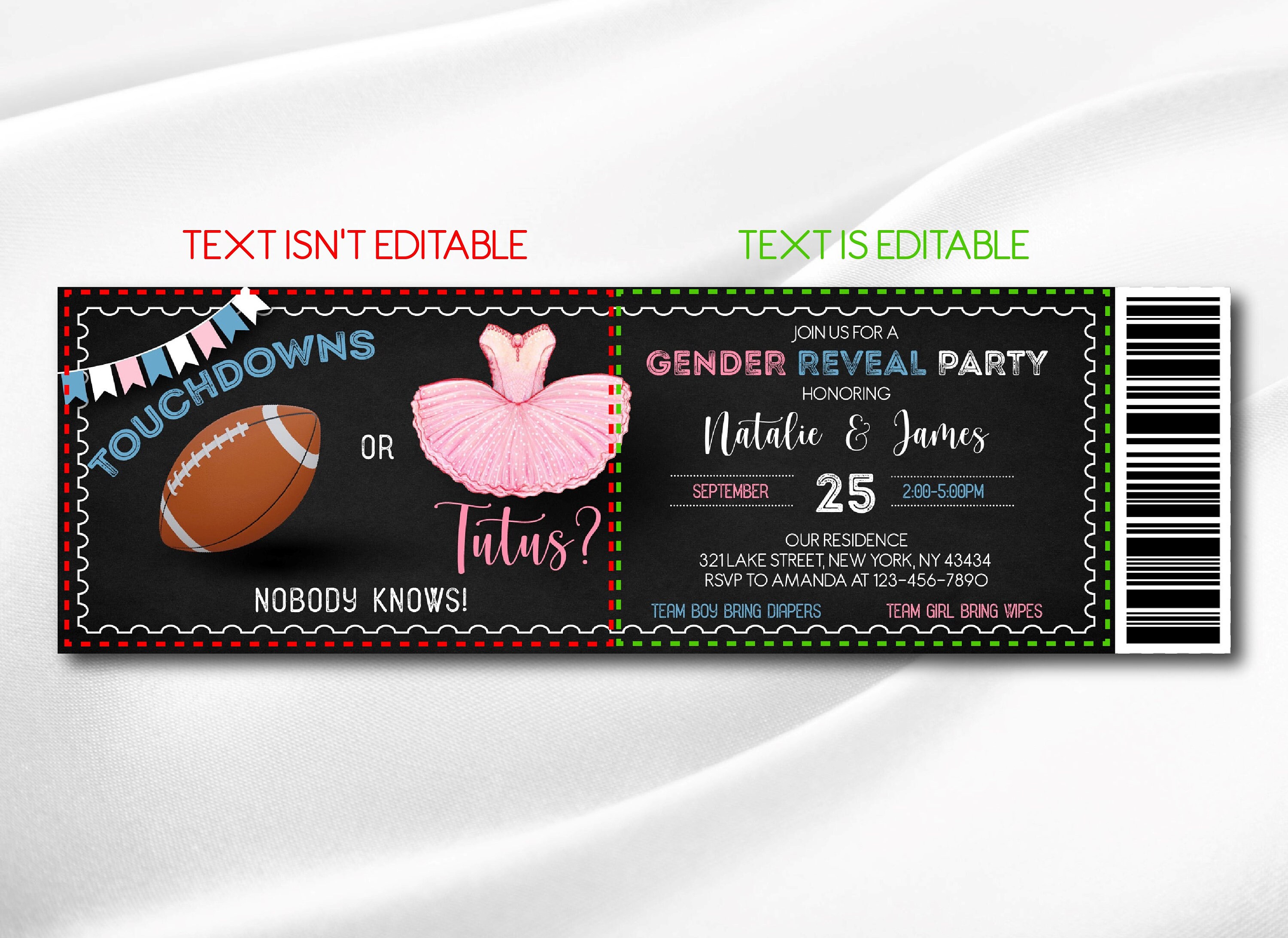 Touchdowns or Tutus Gender Reveal Ticket Invitation (digital Template ...