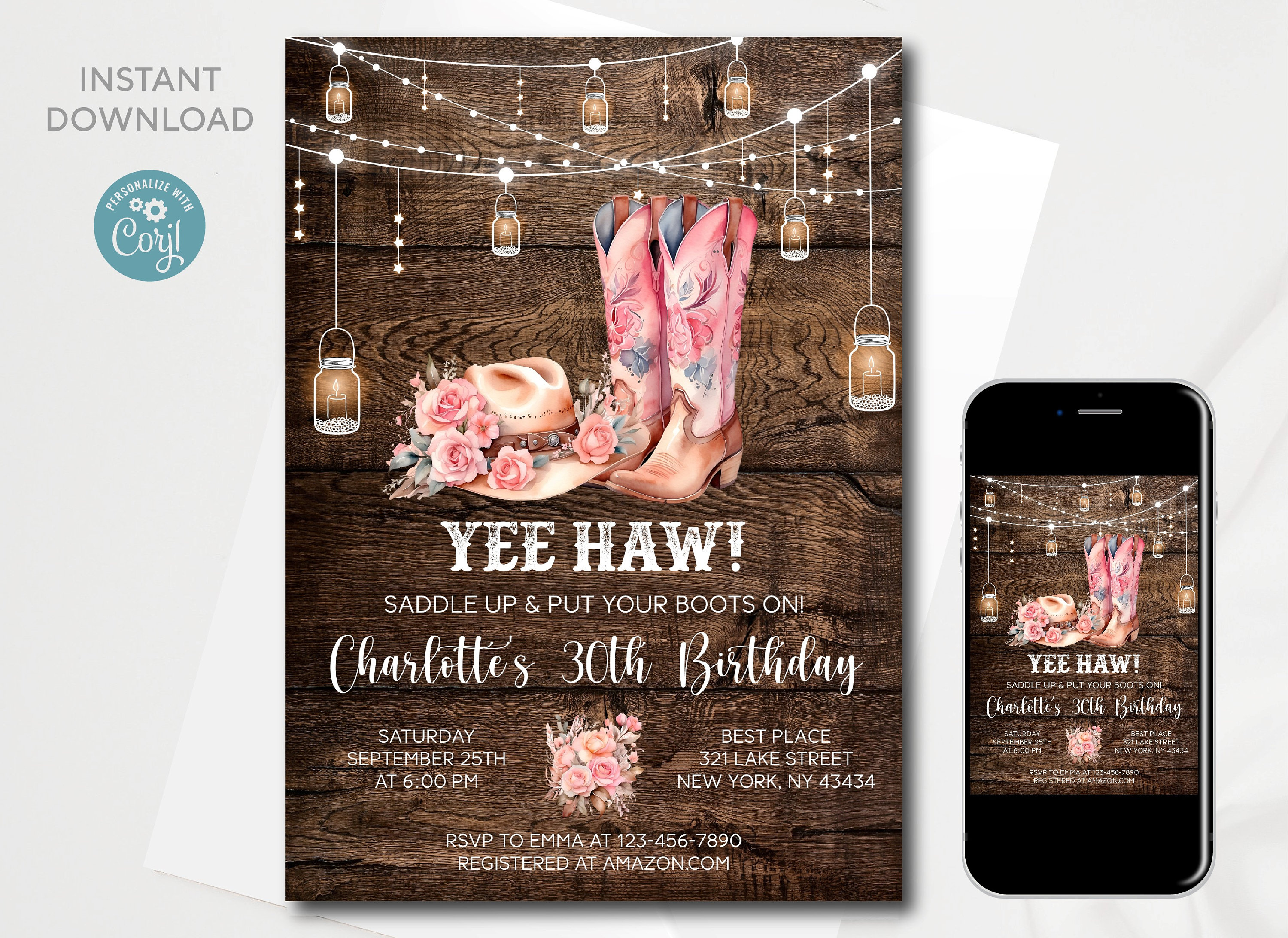 Rustic Cowgirl Birthday Invitation: Editable Western Theme (digital ...