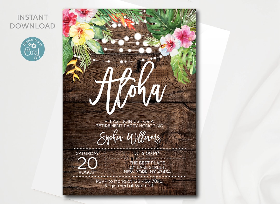 Editable Aloha Retirement Party Invitation Template | Hawaiian ...