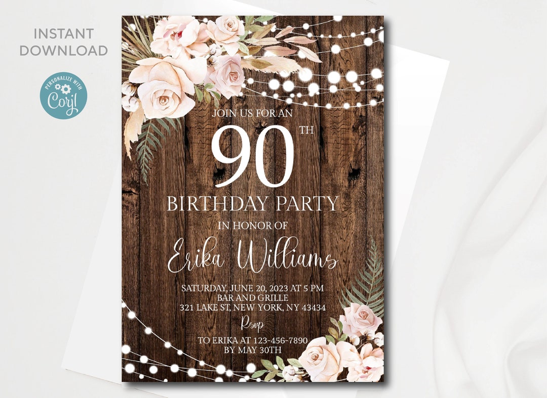 Editable 90th Birthday Invitation Digital Template | All Text is ...