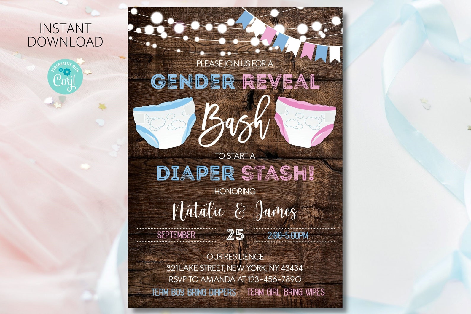 Editable Gender Reveal Diaper Invitation: Wood Background (digital ...