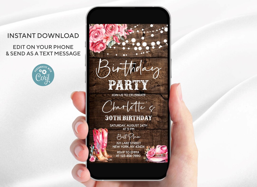 Editable Electronic Western Rustic Cowgirl 30th Birthday Invitation ...