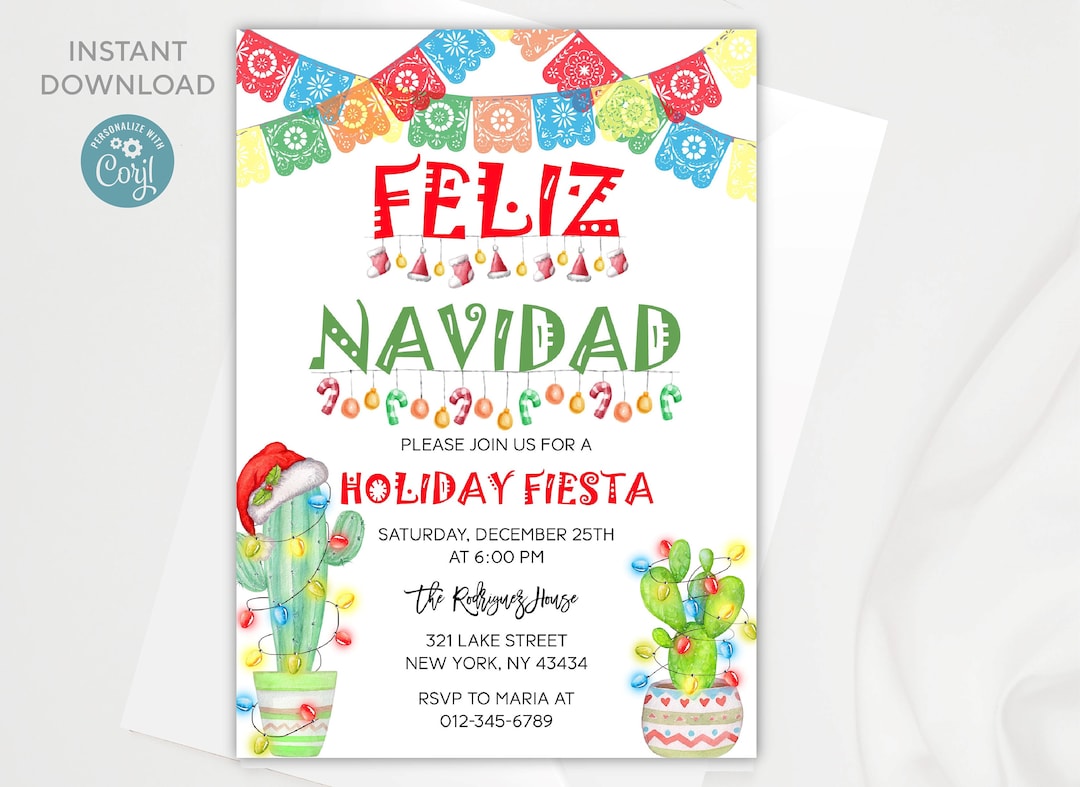 Editable Feliz Navidad Invitation Template White Background | Mexican Christmas Party Invitation ...