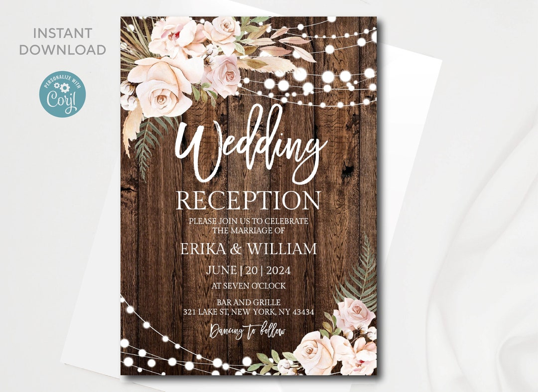 Rustic Wedding Reception Invitation Template: Boho Floral (digital ...