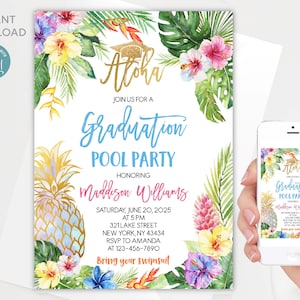 Editable Aloha Graduation Pool Party Invitation Template | Graduation ...