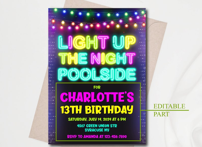 Editable Neon Pool Party Invitation 13th Neon Birthday - Etsy