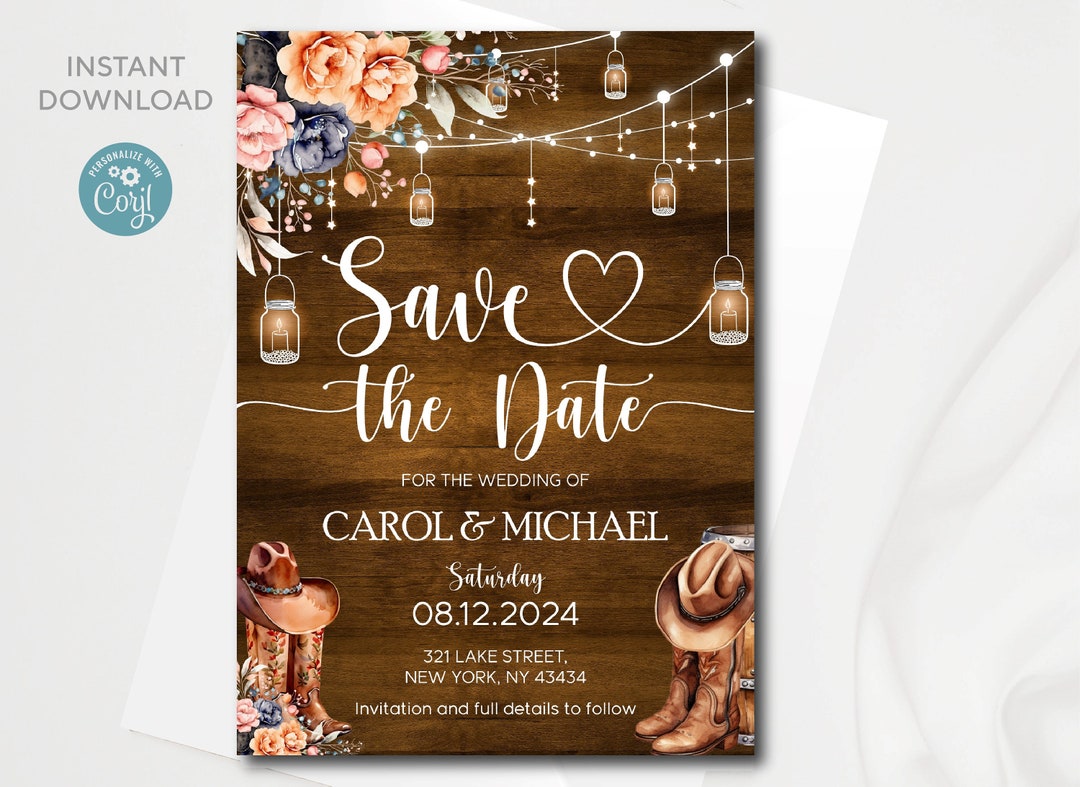Editable Western Save the Date Invitation Template, Rustic Cowboy and ...