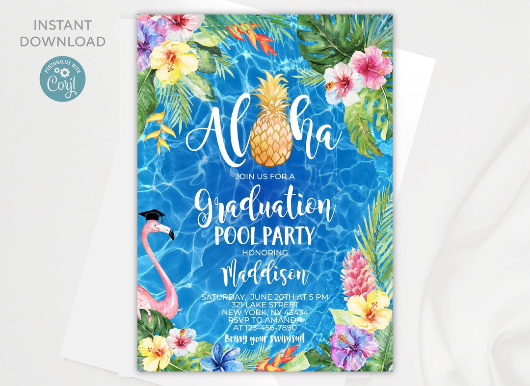 Editable Aloha Graduation Pool Party Invitation Template | Graduation ...