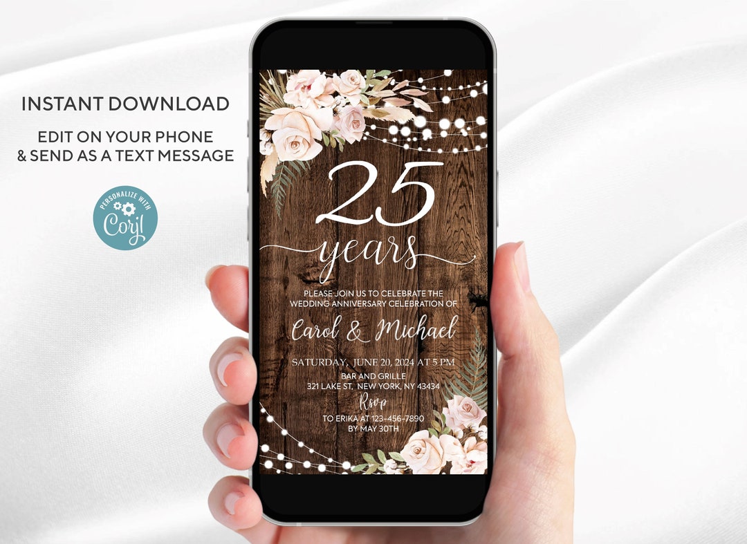 Rustic 25th Anniversary Invitation Template: Floral String Lights ...