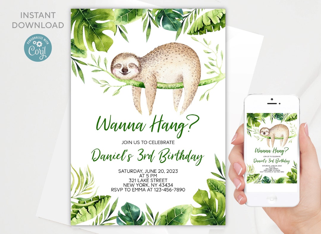 Editable Sloth Birthday Invitation | Tropical Birthday Invitation ...