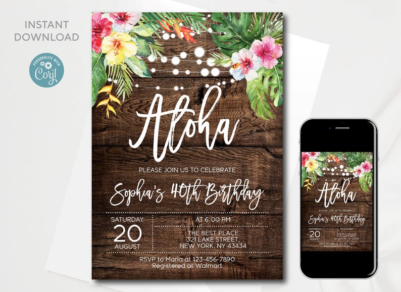 Aloha Birthday Invitation Template Editable Hawaiian - Etsy