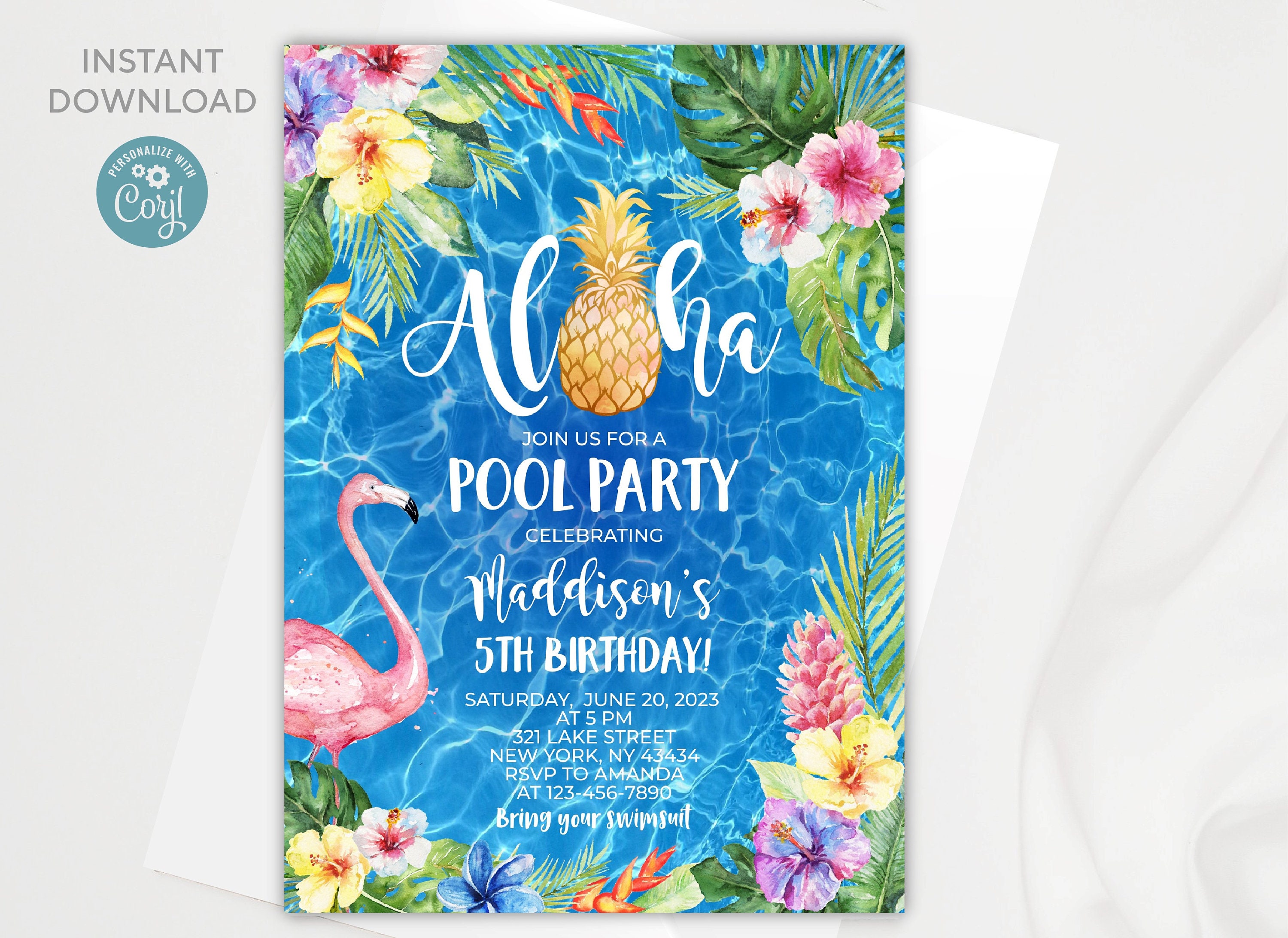 Editable Aloha Pool Party Invitation Template Birthday - Etsy Australia