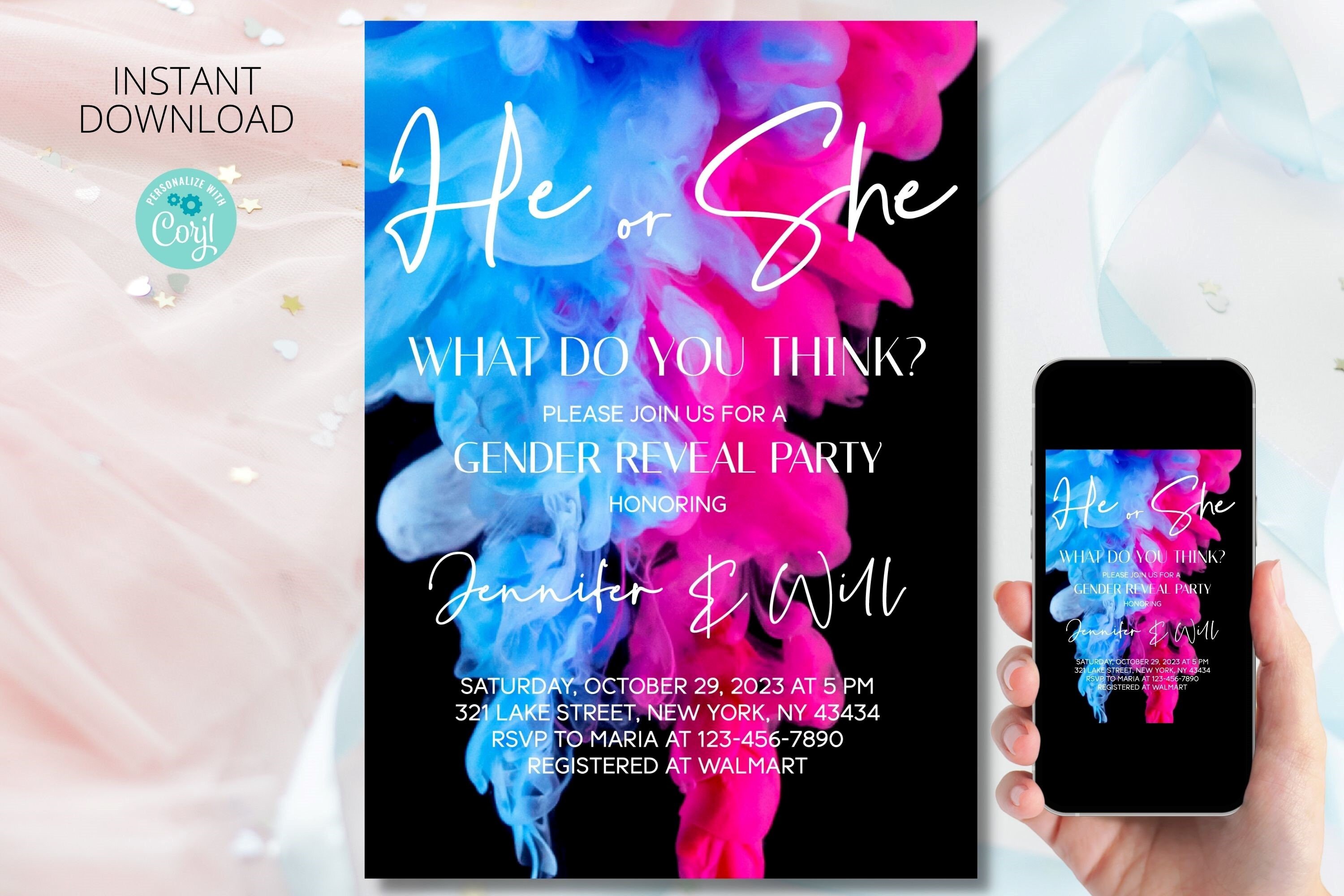 He or She Gender Reveal Baby Shower Invitation Editable - Etsy