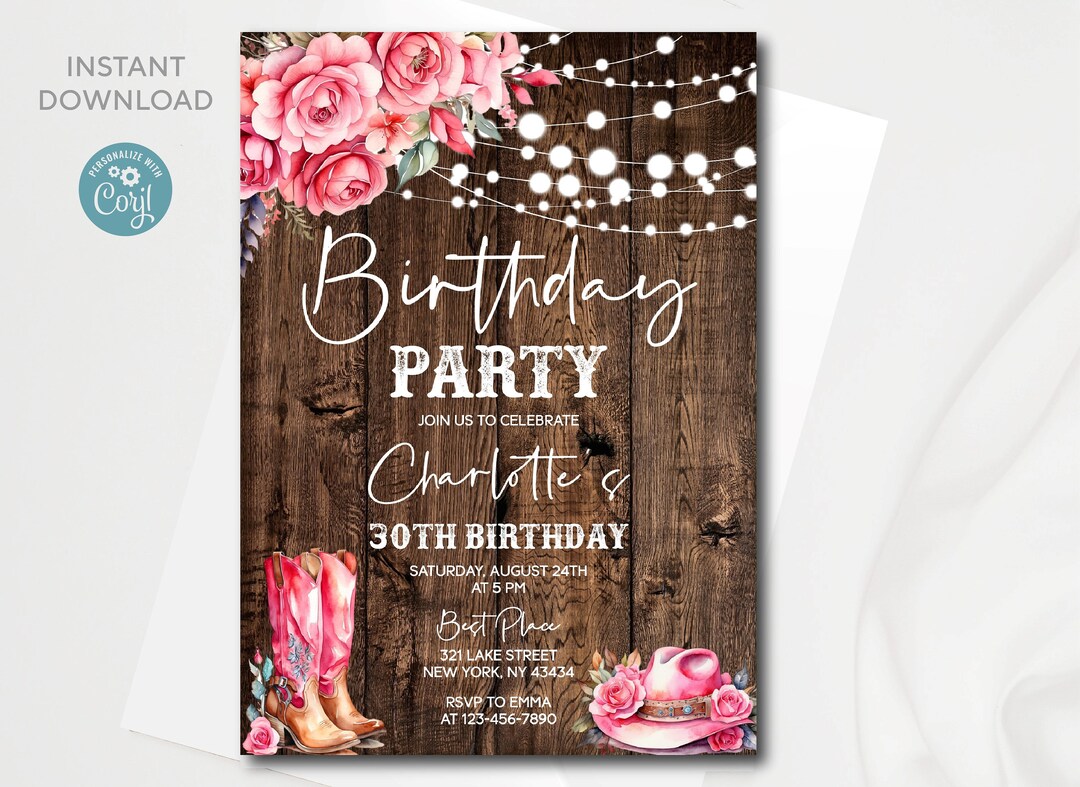 Western Rustic Cowgirl 30th Birthday Invitation | Editable Digital ...