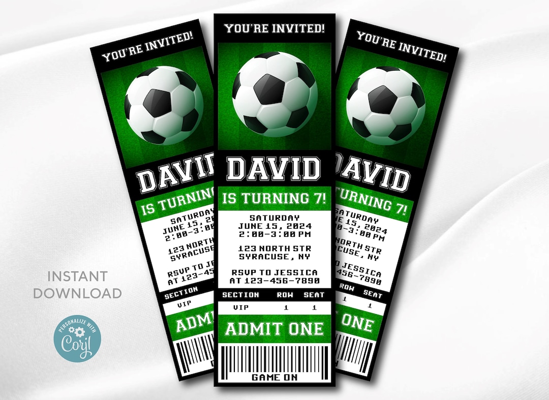 Editable Soccer Ticket Invitation | Digital Template | Soccer Party ...