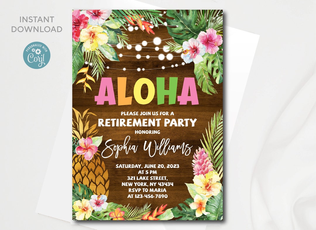 Aloha Retirement Party Invitation Template: Editable Tropical Design ...