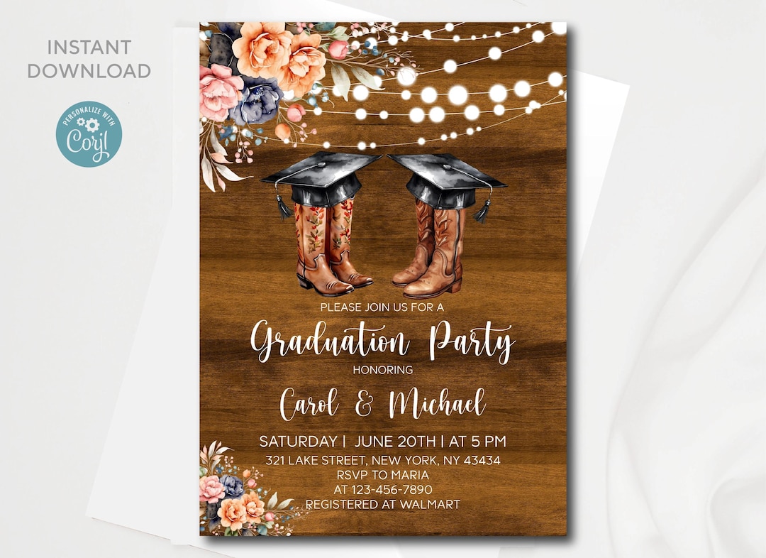 Western Sibling Graduation Party Invitation | Editable Rustic Template ...