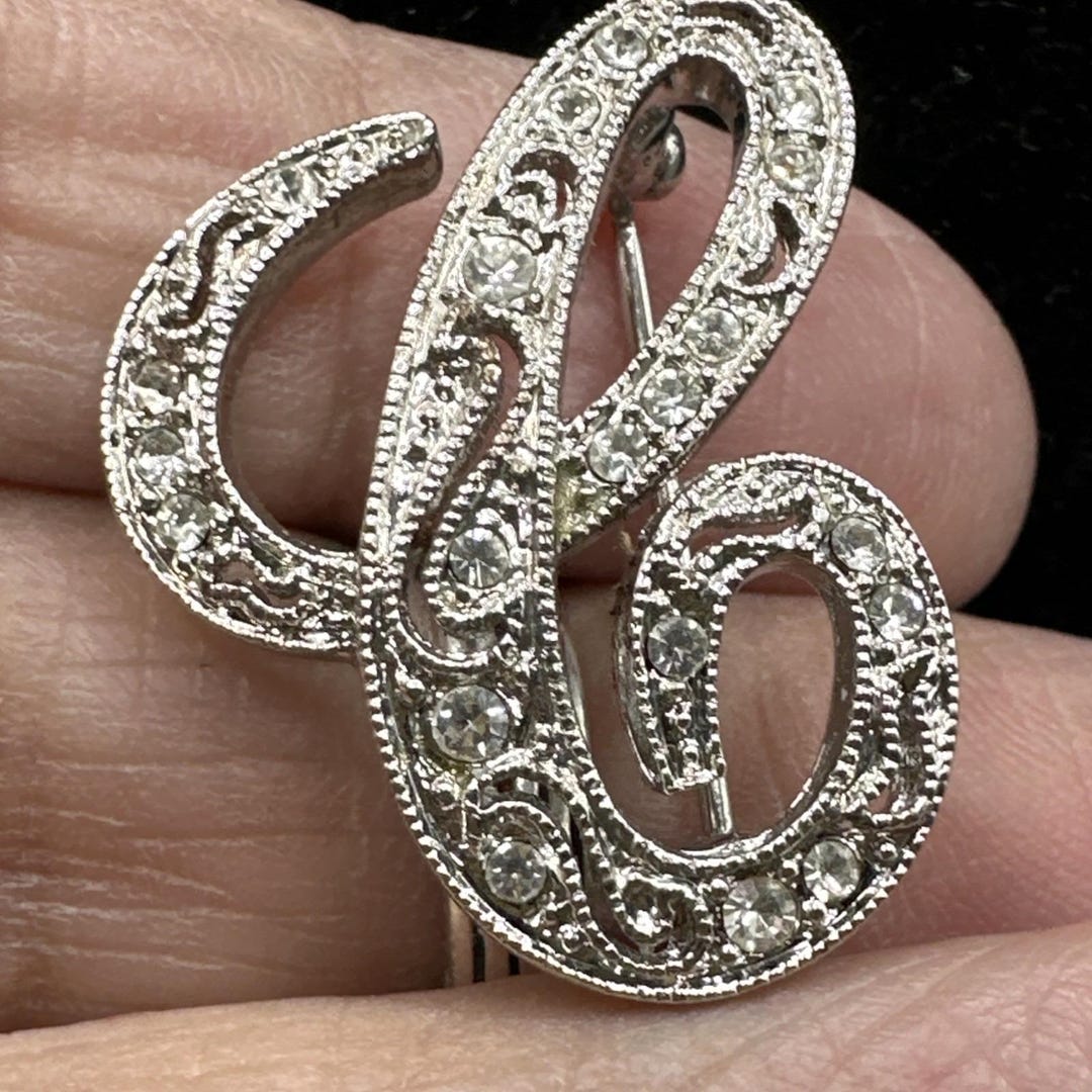 Monet Cursive Letter Initial C Rhinestone Silver Tone Brooch Pin Signed ...