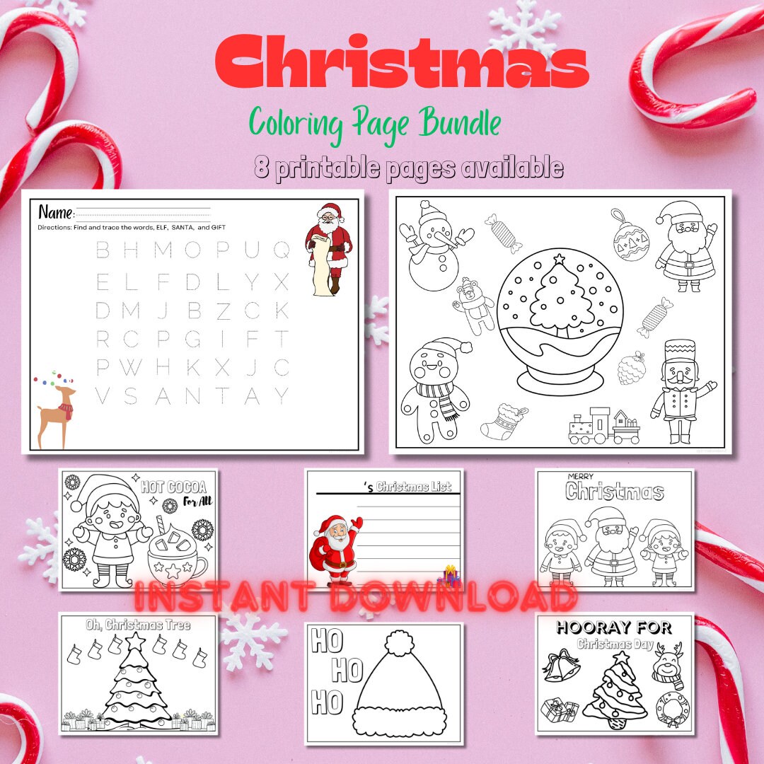 Christmas Coloring Page Bundle, Tracing Worksheet, Christmas Placemat ...