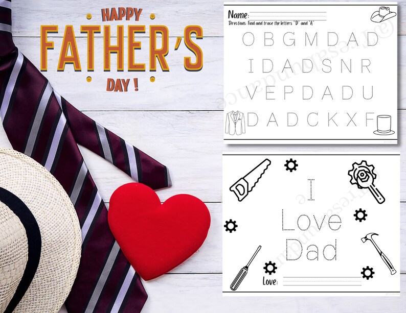 Father's Day Coloring Page Bundle, Tracing Worksheet, Father's Day Card ...