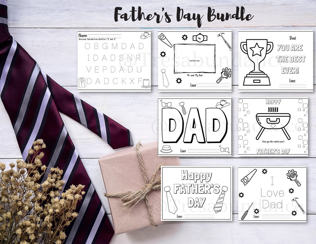 Father's Day Coloring Page Bundle, Tracing Worksheet, Father's Day Card ...