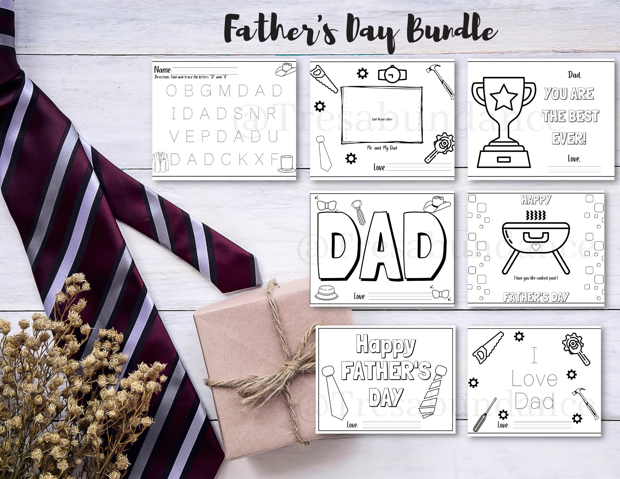 Father's Day Coloring Page Bundle, Tracing Worksheet, Father's Day Card ...