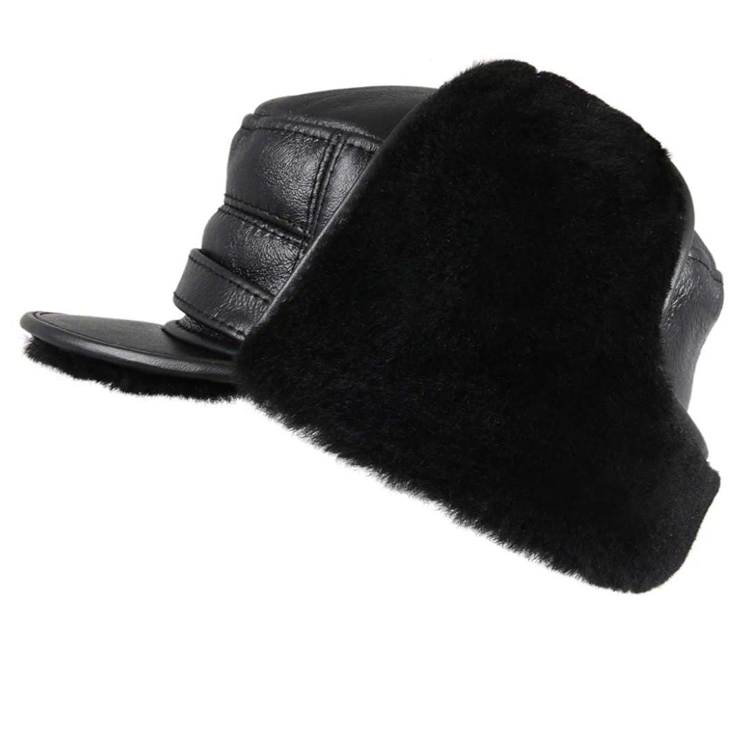 Black Pilot Hat With Fur Lining Trapper – 100% Sheepskin, Adjustable Snap Ear Flaps for Ultimate ...