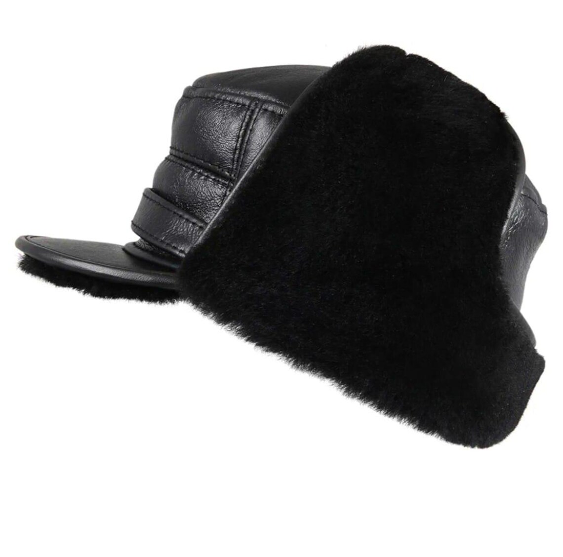 Black Pilot Hat With Fur Lining Trapper – 100% Sheepskin, Adjustable Snap Ear Flaps for Ultimate ...