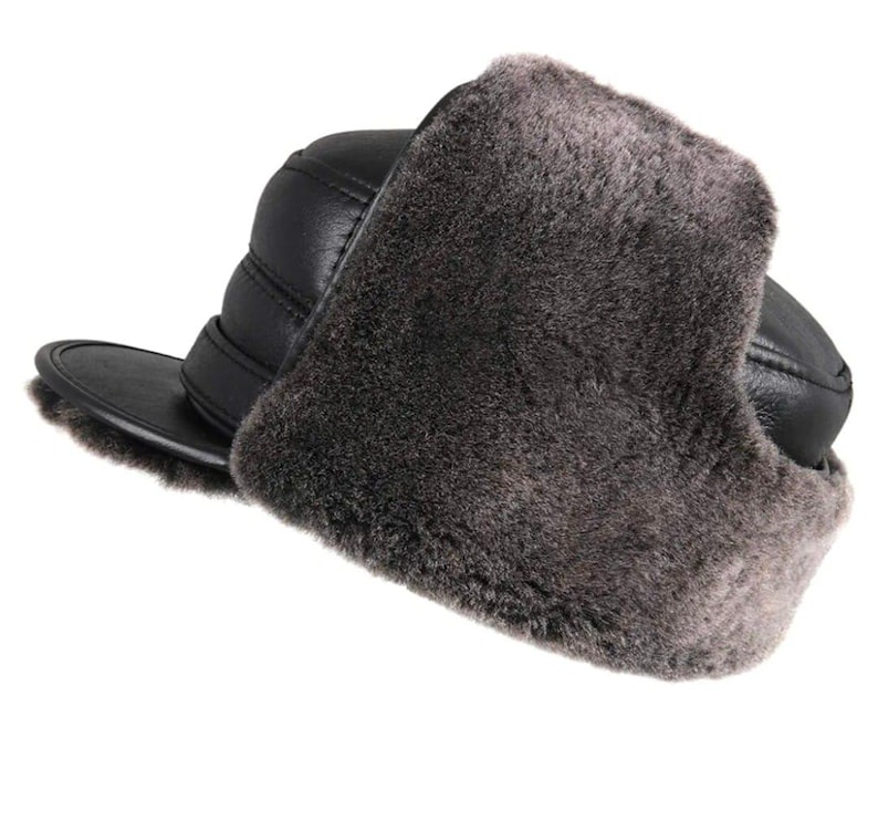 Black Pilot Hat With Fur Lining Trapper 100% Sheepskin, Adjustable Snap ...