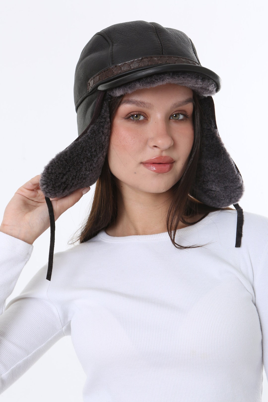 Genuine Sheepskin Russian Ushanka Trapper Hat - Adjustable Ear Flaps ...